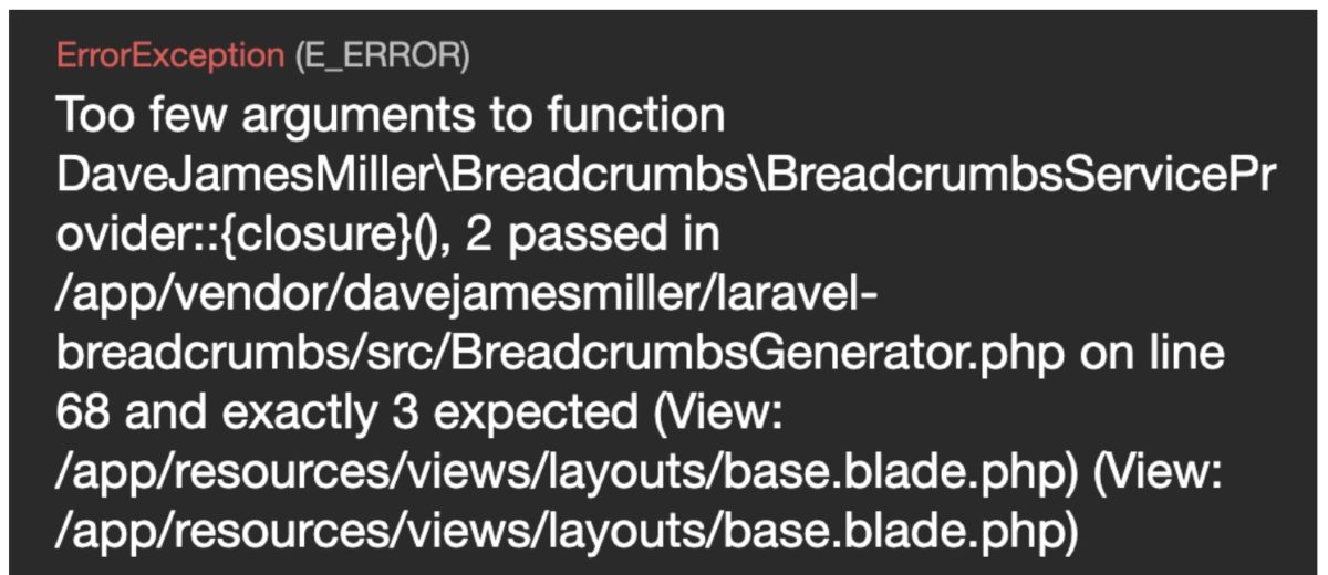 【Laravel】 laravel-breadcrumbsに引数・変数を複数渡す方法。エラー対処法｜unexpected ‘=>’ (T_DOUBLE_ARROW)、Too few ...